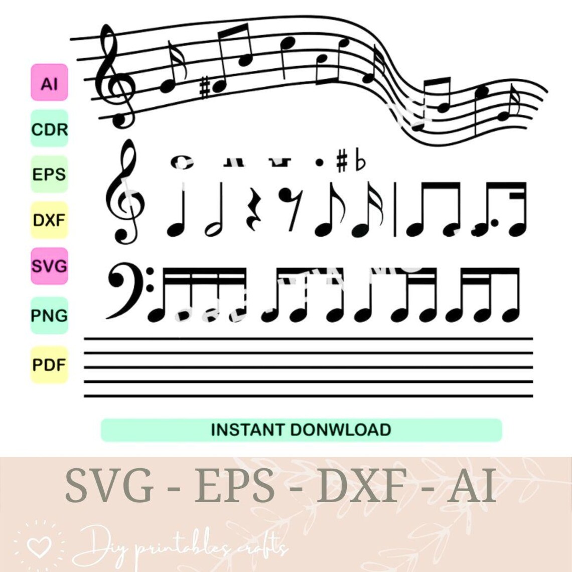 Music Notes, SVG, Music Svg, PNG, PDF, Vector, Clipart, Vinyl Decal ...