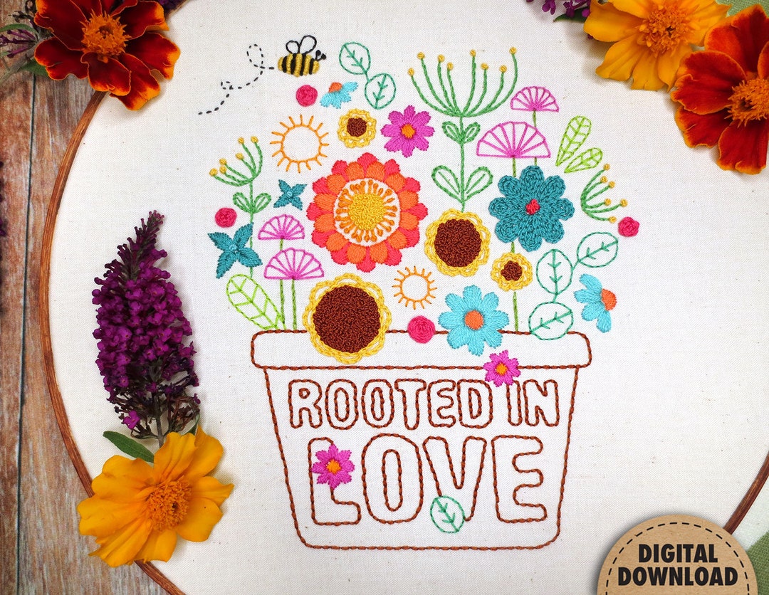 Rooted in Love, Potted Plant Embroidery, Floral Bouquet, Ephesians 3:17 ...