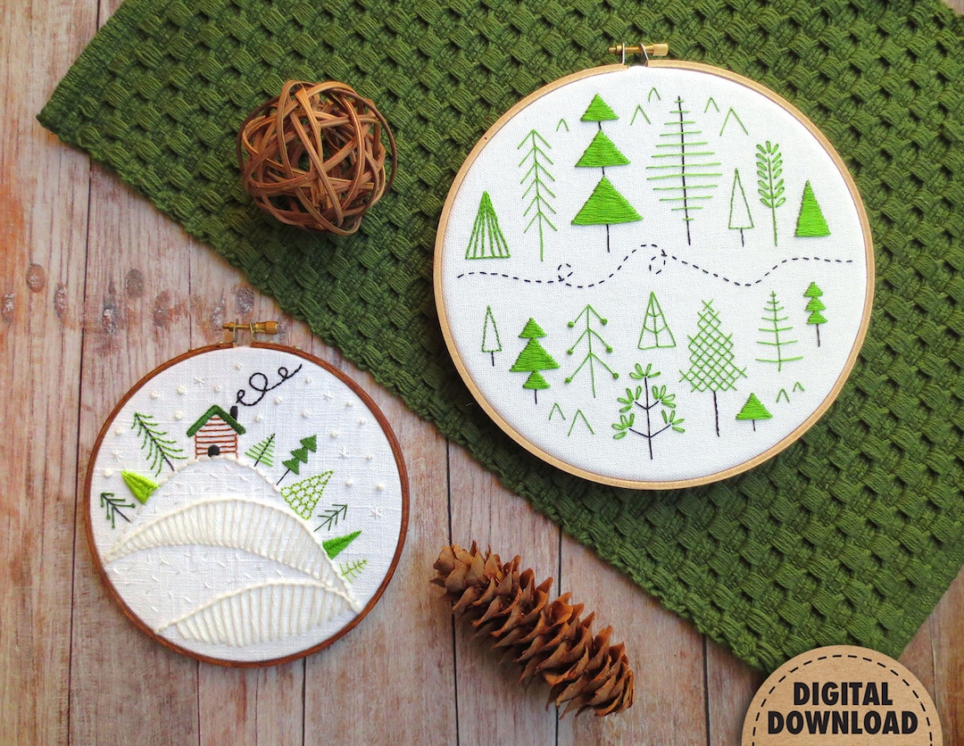 Forest Embroidery Pattern Bundle, Pine Trees, Winter Decor, Cozy Cabin ...