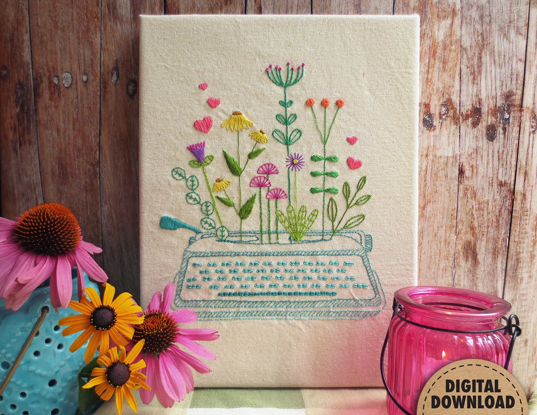 Floral Embroidery Pattern, Retro Embroidery Design, Vintage Typewriter ...