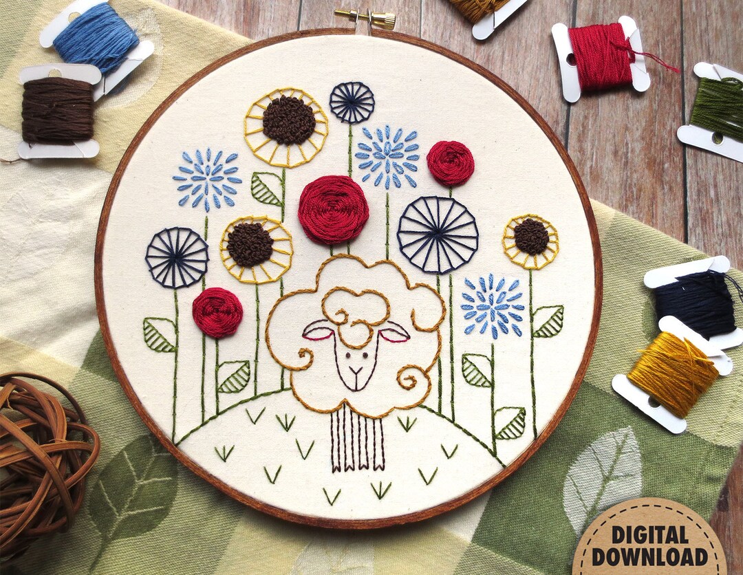 Sheep Embroidery Pattern, Country Decor, Farmhouse Art, Primitive ...