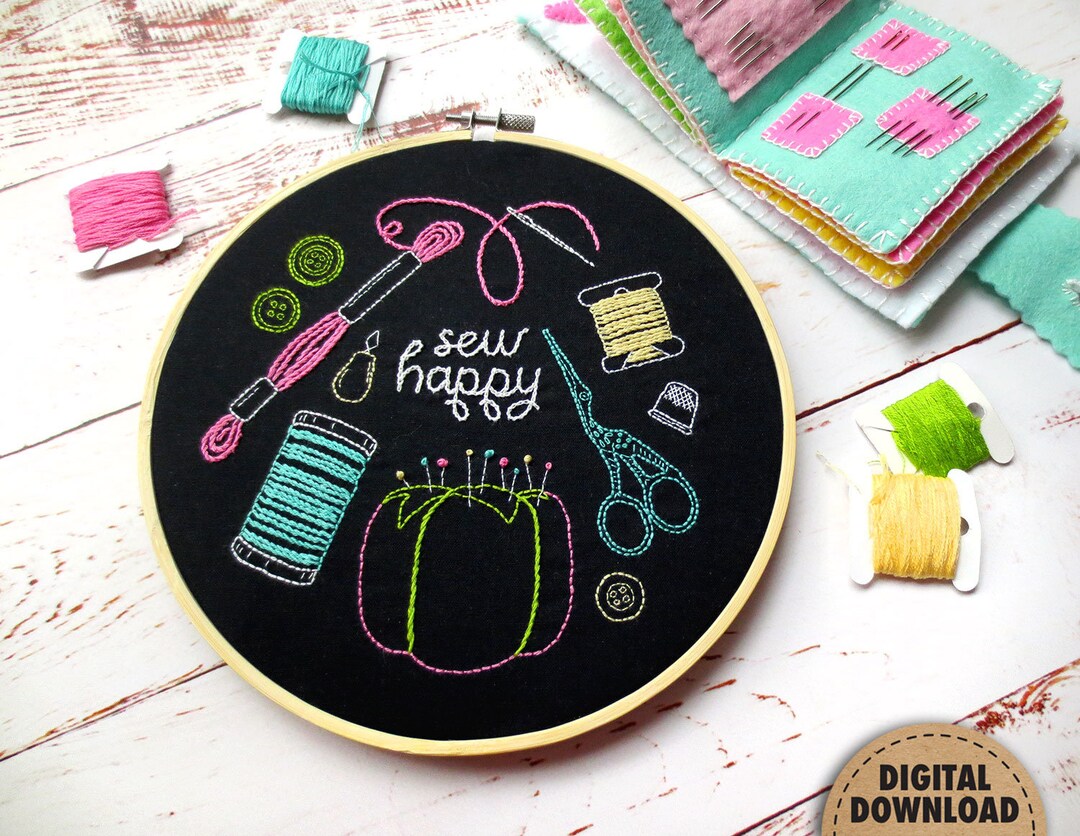 Sew Happy Embroidery Pattern, Sewing Notions, Digital Download ...