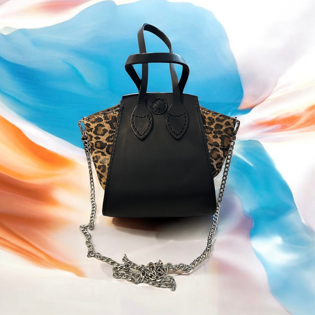 Small Leather Black and Leopard Tote, Small Handbag, Leopard Print ...