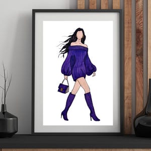 Purple Monochrome Outfit Art Print, Off-shoulder Sweater Dress Fashion ...