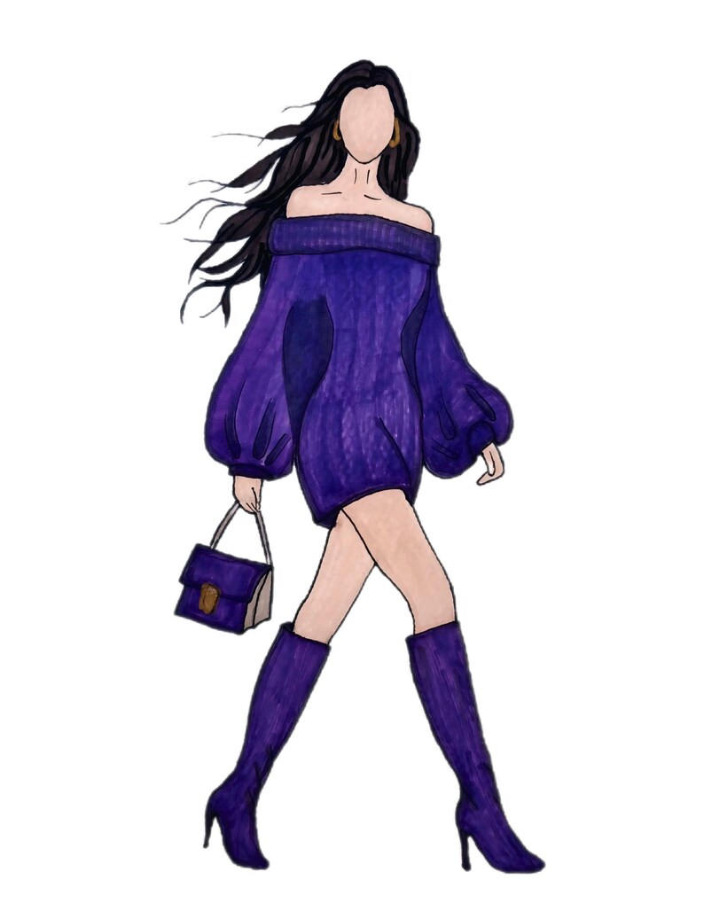 Purple Monochrome Outfit Art Print, Off-shoulder Sweater Dress Fashion ...