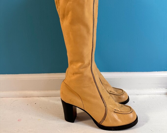 1970s 70s Vintage Butter Tan Knee High Boots Size 7 Leather Gogo Boot ...
