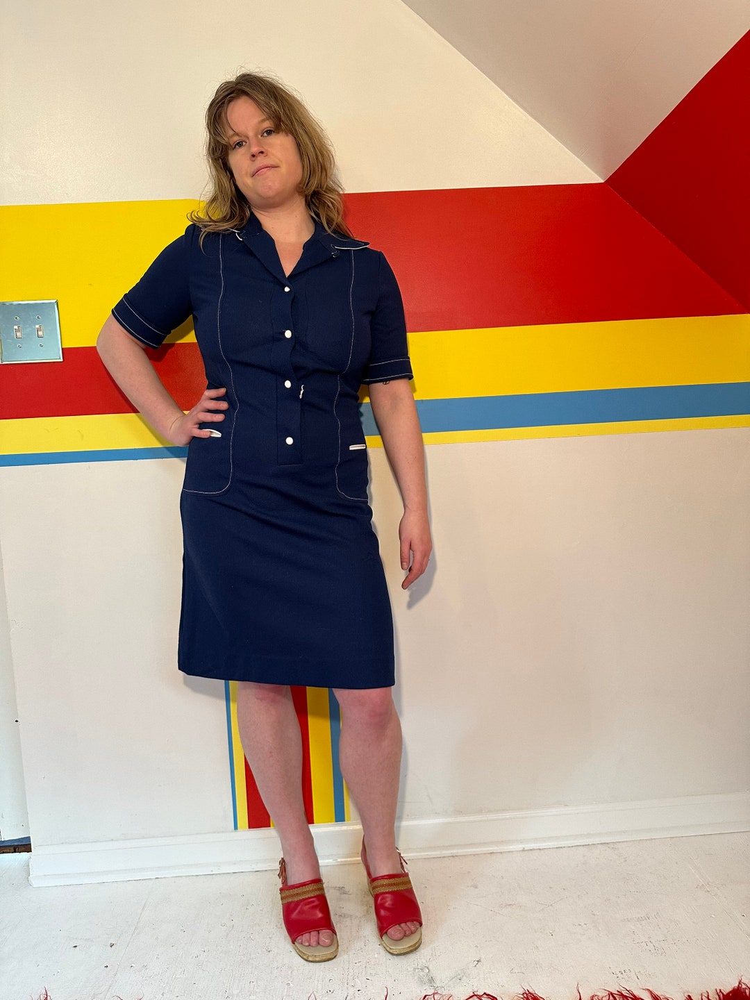 1970s Vintage Navy Blue Waitress Shirt Dress Sz L - Etsy