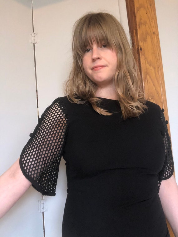 1960s 60s vintage fishnet sleeve black cocktail dress… - Gem