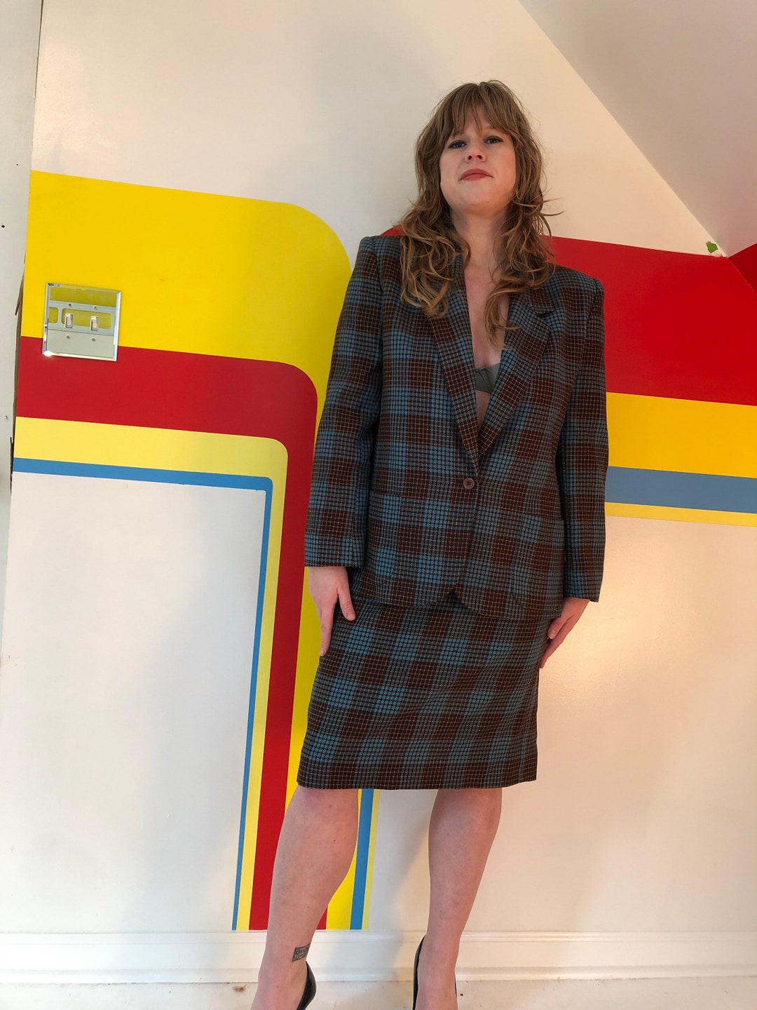 1990s 90s Vintage Teal and Brown Check Skirt Suit by Weathervane Sz M ...