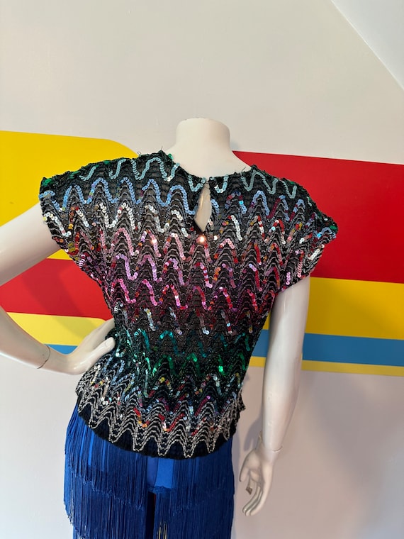 1970s vintage rainbow sequin disco blouse sz m biba s… - Gem
