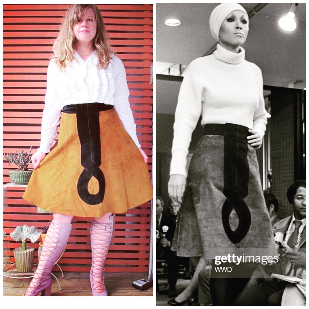 1972 Vintage Pierre Cardin Suede RTW Skirt M Mod Geometric 60s 70s ...