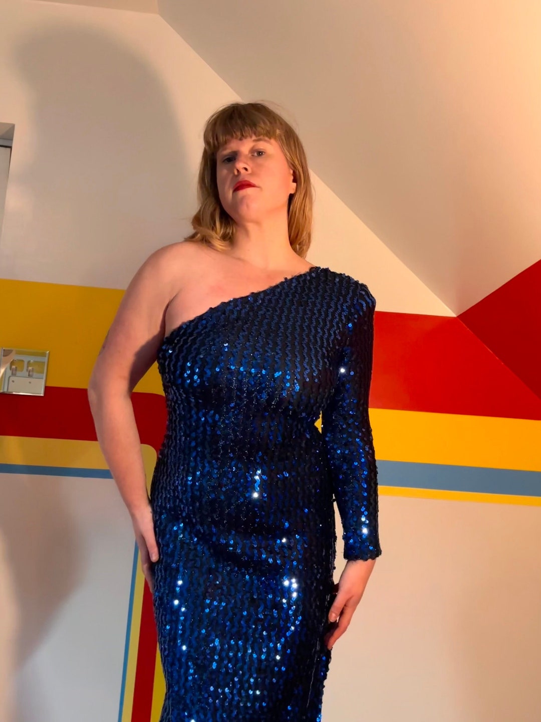 1980s Vintage Blue Sequin Gown Single Shoulder Large Karen Okada Climax ...