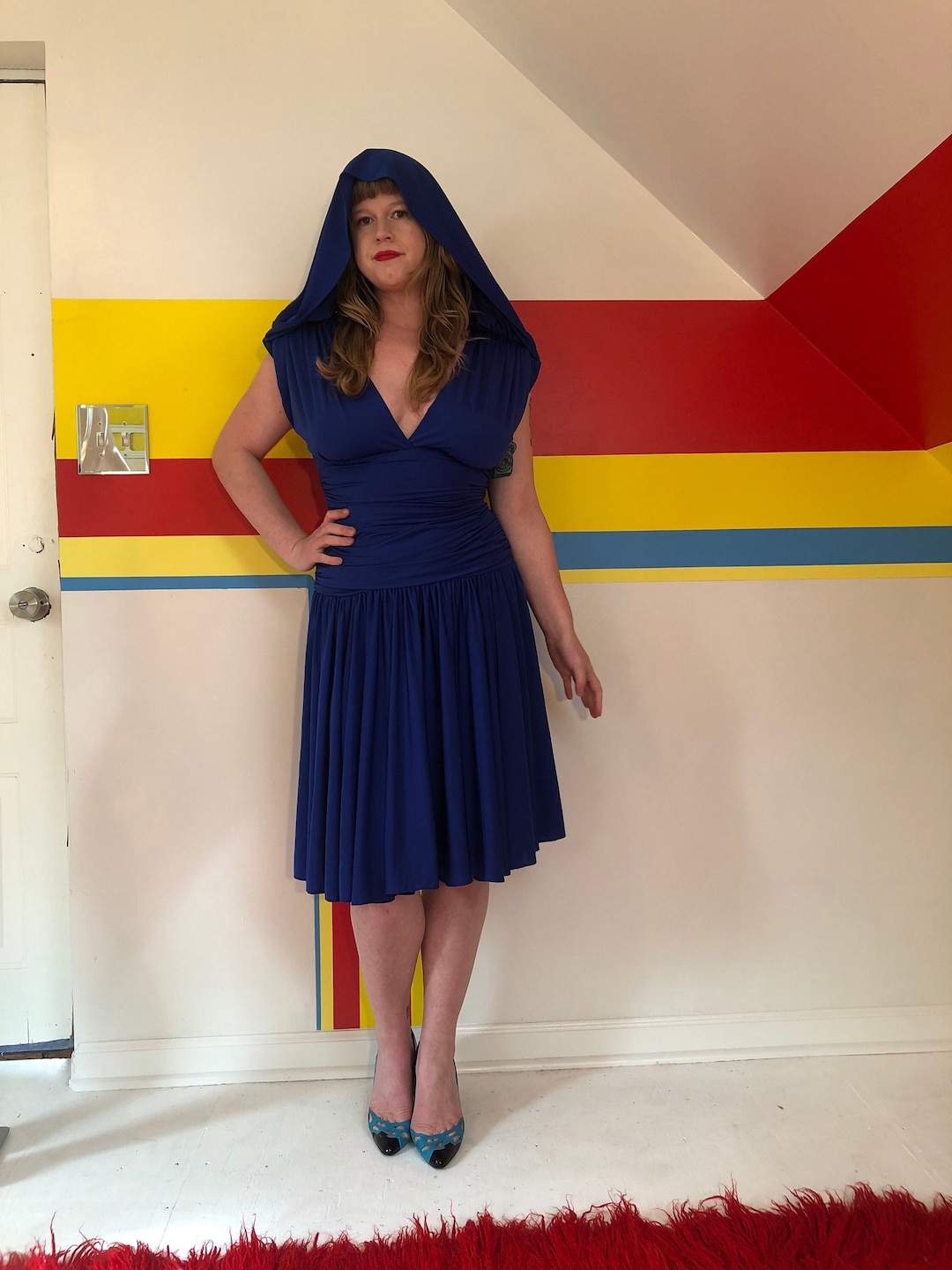 1970s 70s Vintage Blue Disco Dress Cowel Neck Midi Fit and Flare Large ...