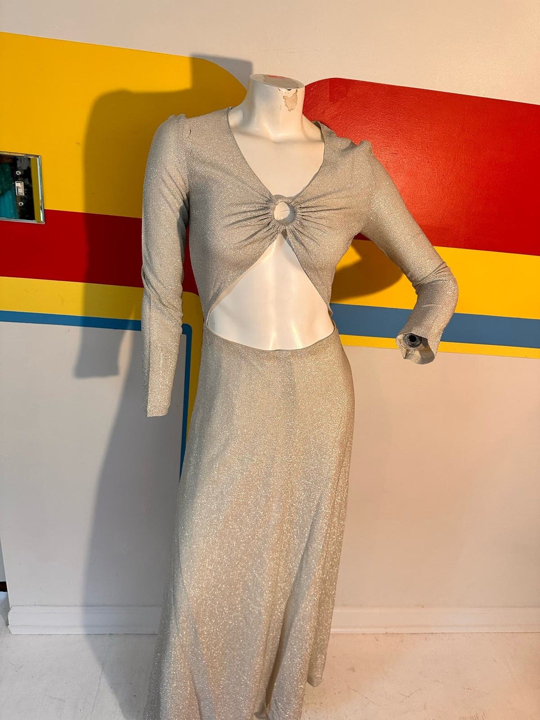 1970s 70s Vintage Silver Lurex Maxi Dress Gown Cutout Midriff XS Mr ...