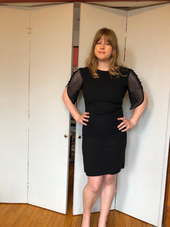 1960s 60s vintage fishnet sleeve black cocktail dress… - Gem