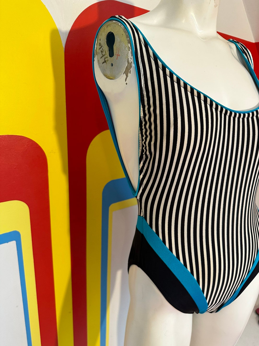 1990s 90s Vintage Stripe One Piece Bathing Suit High Cut S Blue Black ...