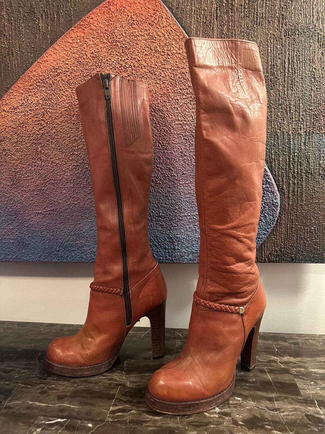 1970s 70s Vintage Caramel Platform Boots Brown Braid Stack Heels ...