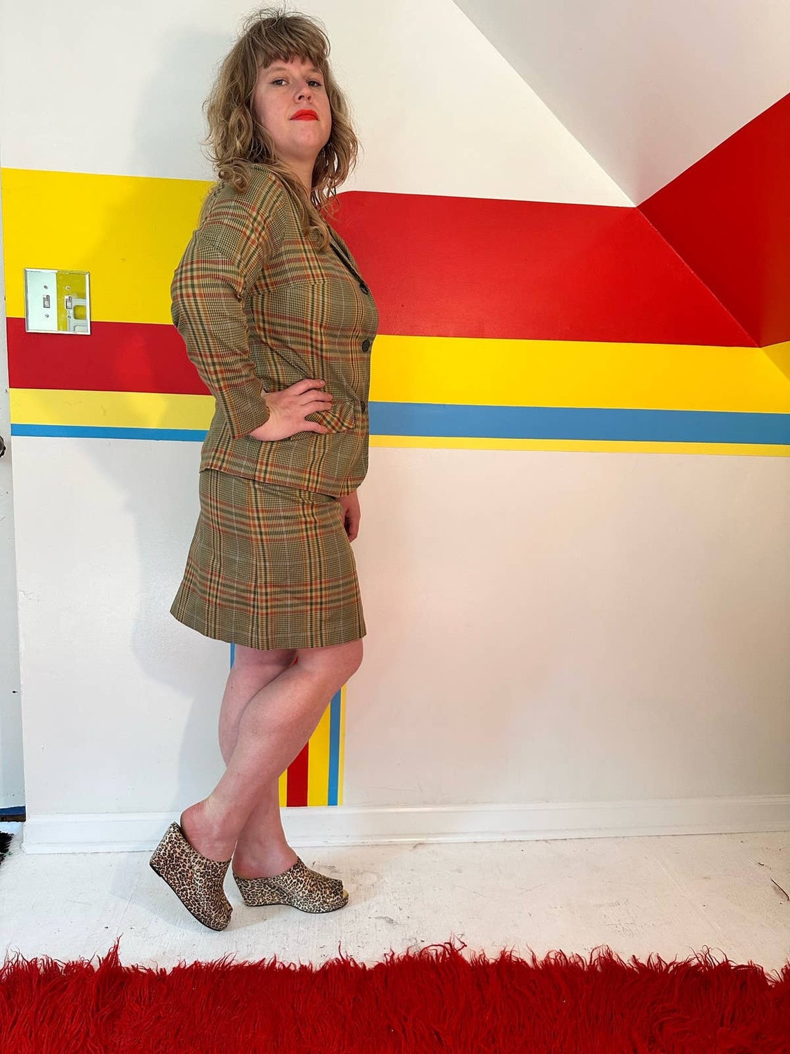 1960s 60s Vintage Mod Plaid Green Suit 2 Piece Set Blazer Skirt M ...