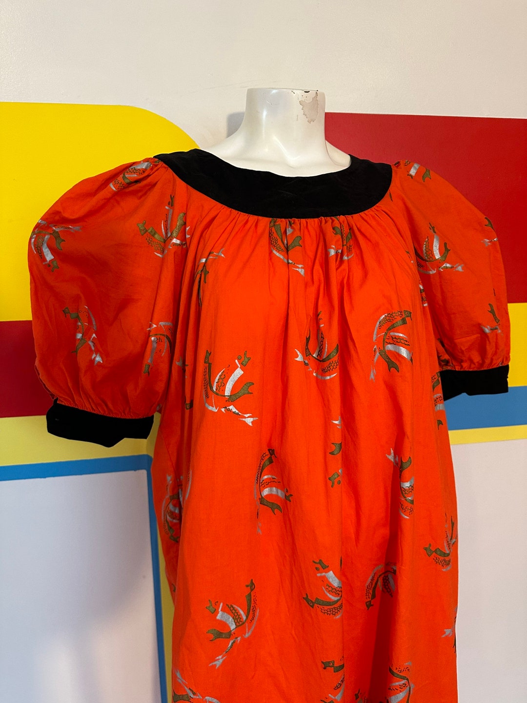 1960s 60s Vintage Red Hawaiian Dress Mumu Sz M by Hoaloha Screenprinted ...