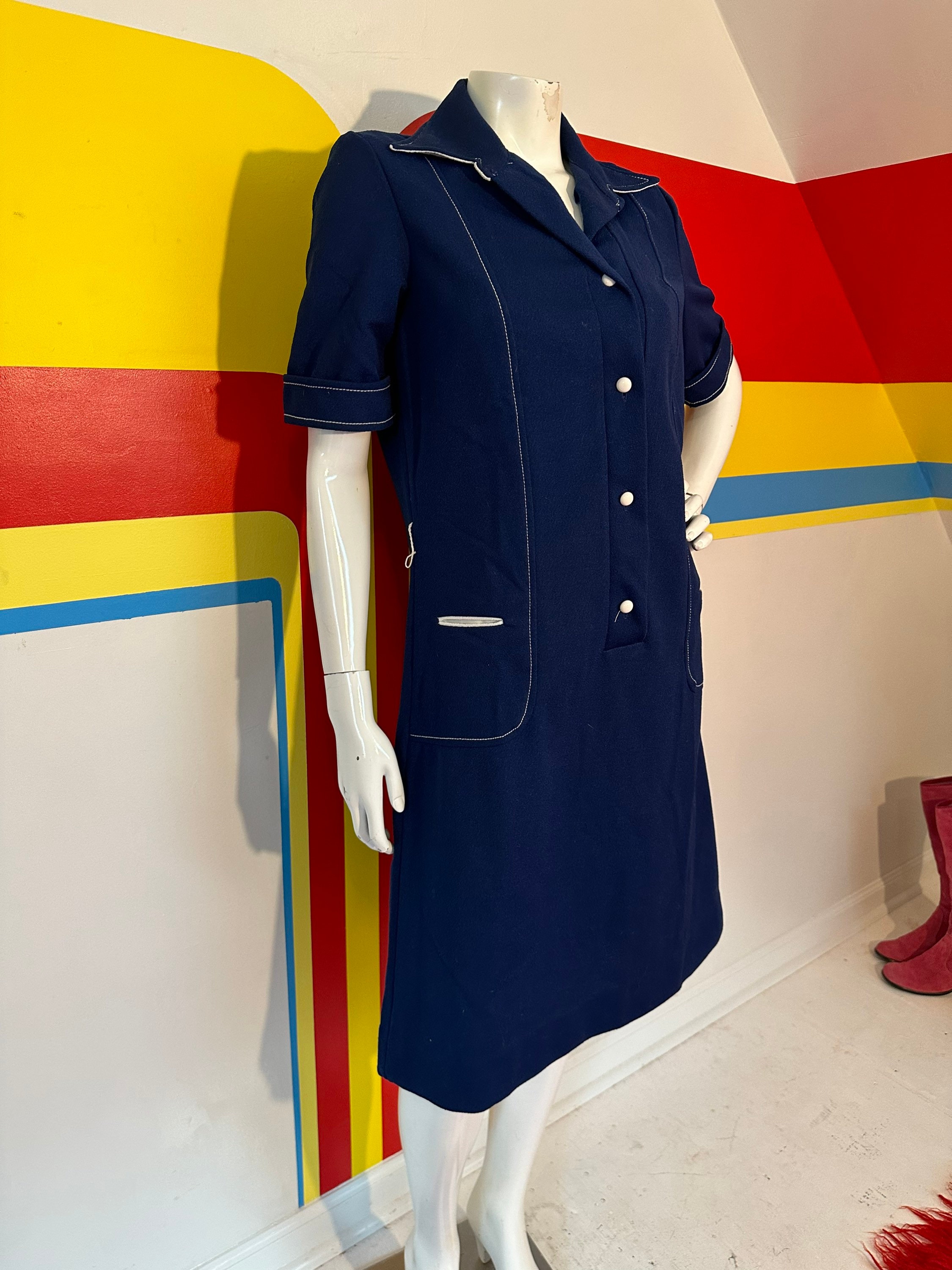 1970s Vintage Navy Blue Waitress Shirt Dress Sz L - Etsy