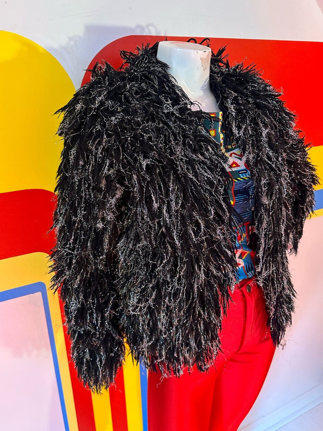 1970s Vintage Crissa Black and Silver Shag Jacket Yarn Faux Fur Small ...