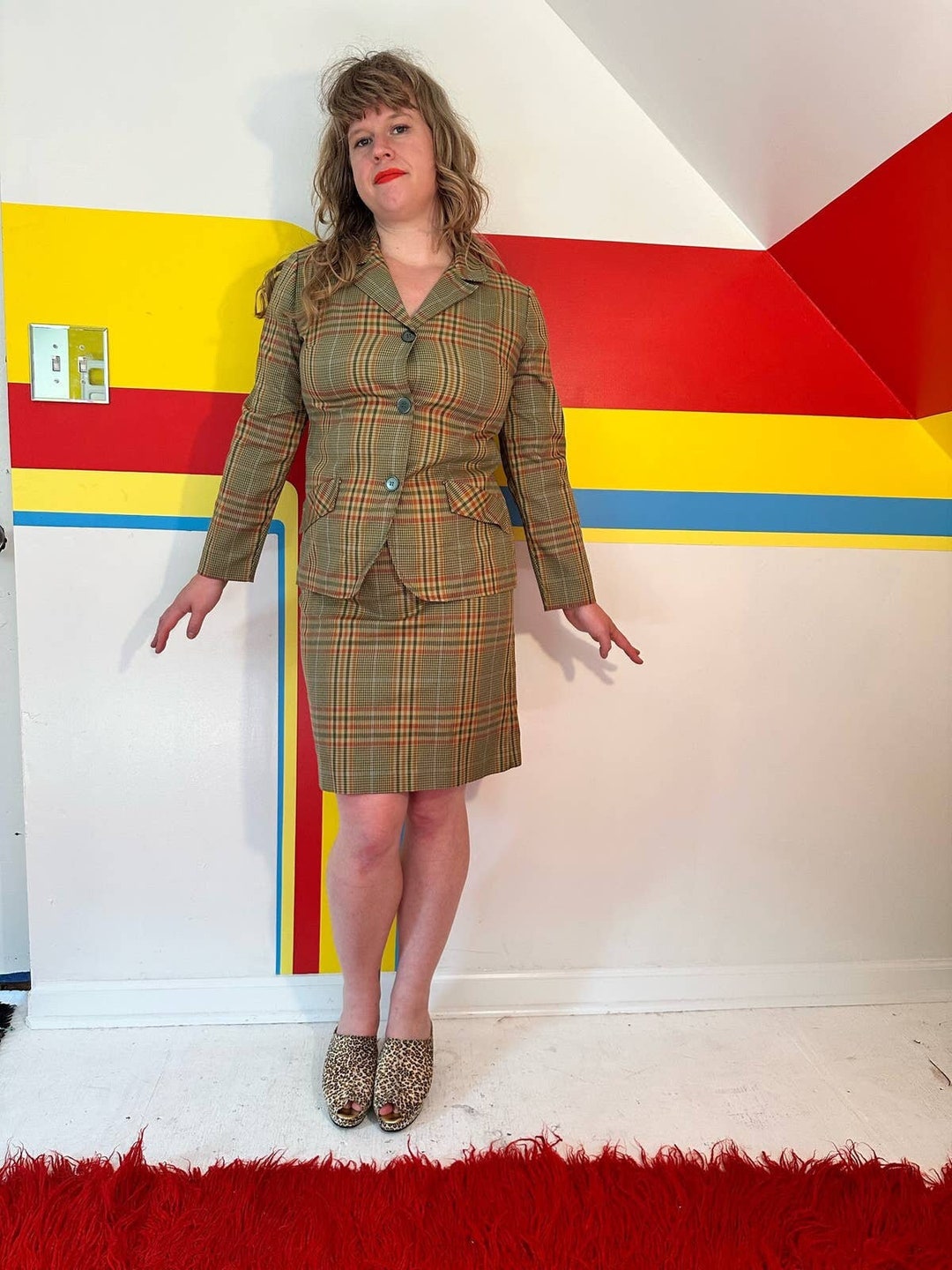 1960s 60s Vintage Mod Plaid Green Suit 2 Piece Set Blazer Skirt M ...