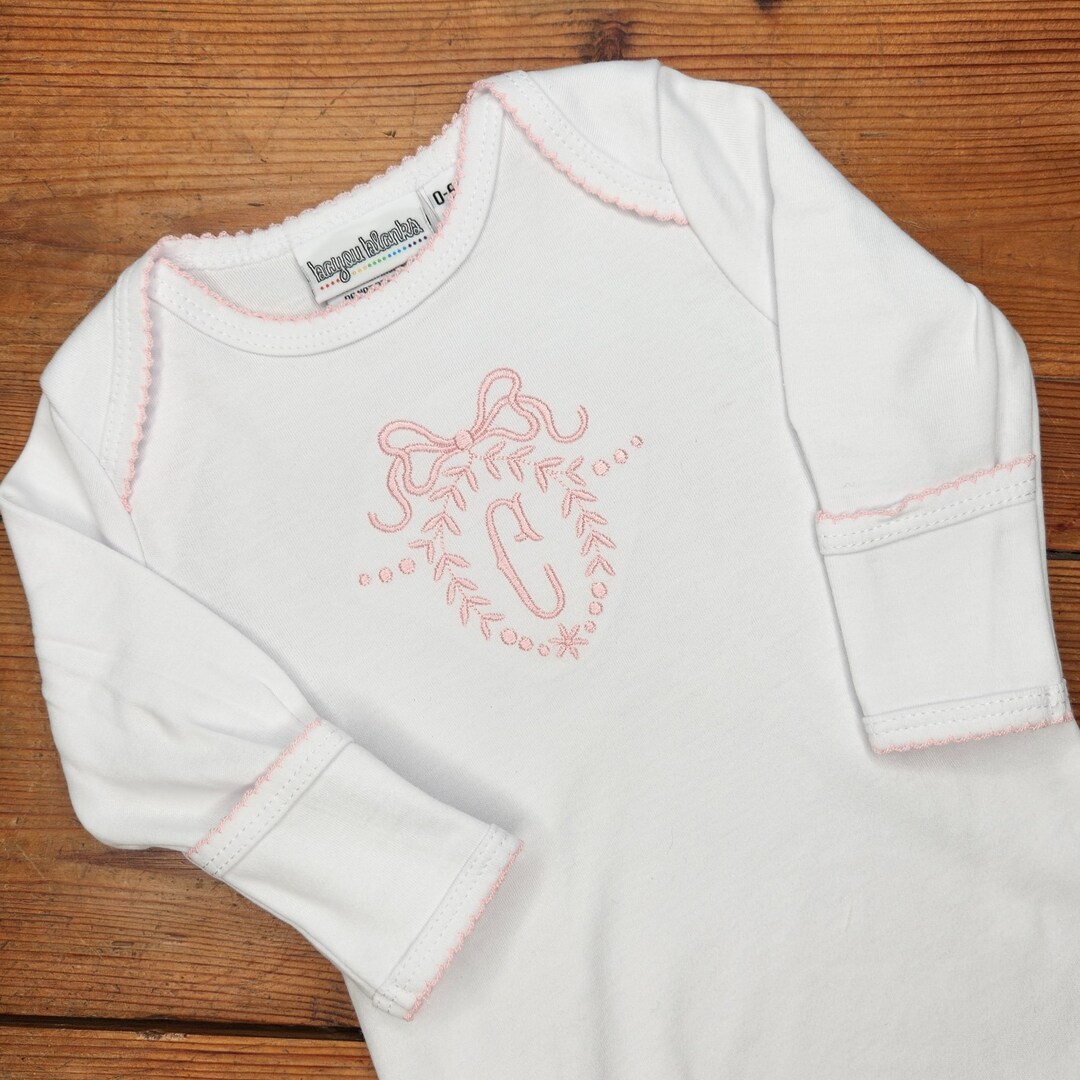 Picot Trimmed Heirloom Laurel Frame Monogrammed Baby Girl or Boy Sack ...