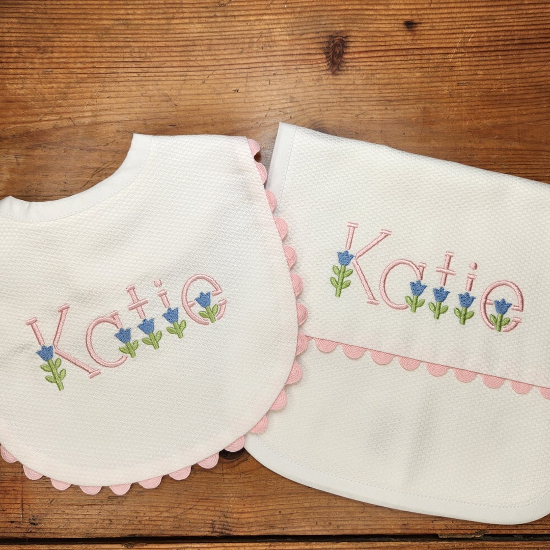 Monogrammed White Cotton Pique Bib and Burp Set With Ric Rac Trim and ...