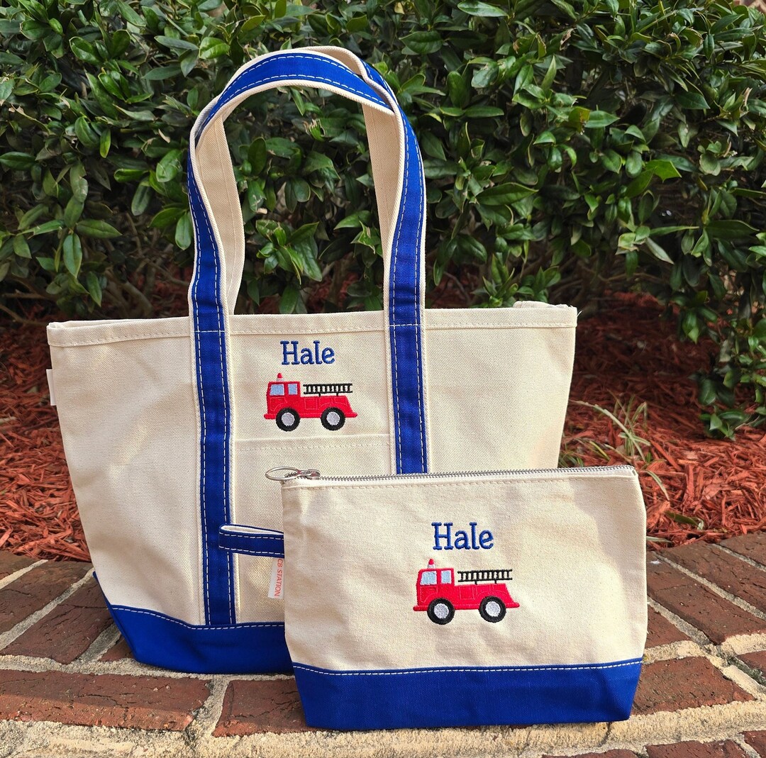 Fire Engine Monogrammed Tote and Matching Zippered Bag, Personalized ...
