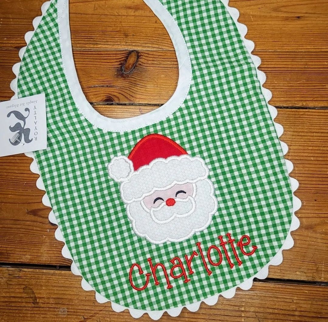 Monogrammed Christmas Bib With Santa, Gingham Bib With White Ric Rac ...
