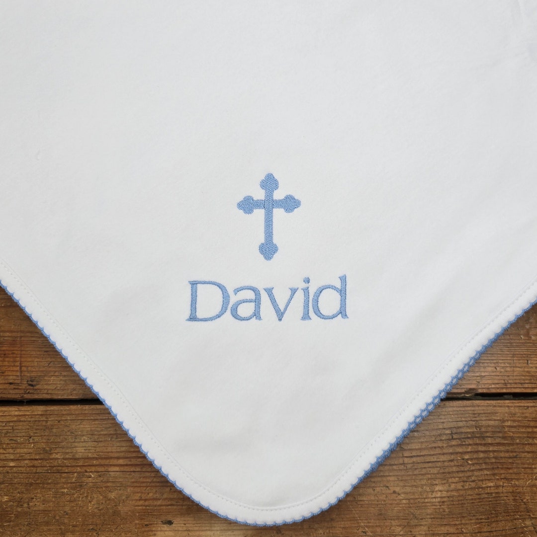 Monogrammed Picot Edge Cotton Knit Baby Blanket With Cross, Blue Pink ...