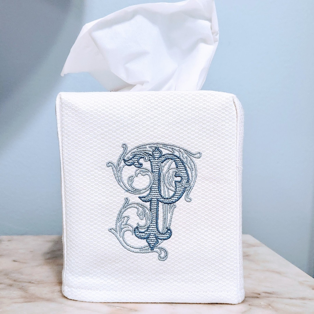 Monogrammed Cotton Pique Tissue Box Cover, Vintage Vine Custom Tissue ...