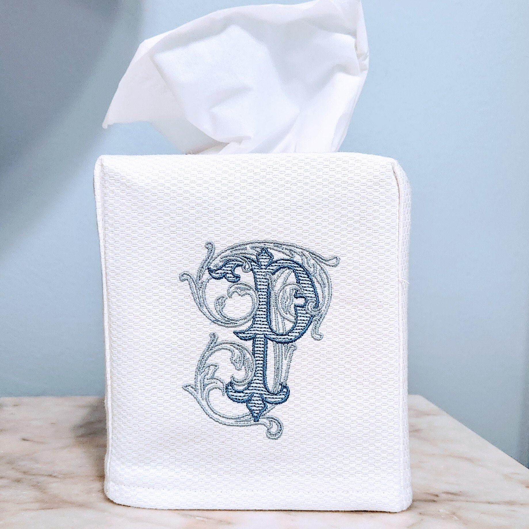 Monogrammed Cotton Pique Tissue Box Cover, Vintage Vine Custom Tissue ...