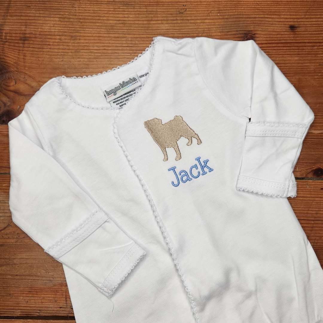 Monogrammed Pug Baby Sack Gown or Footie, Personalized Dog Breed Infant ...