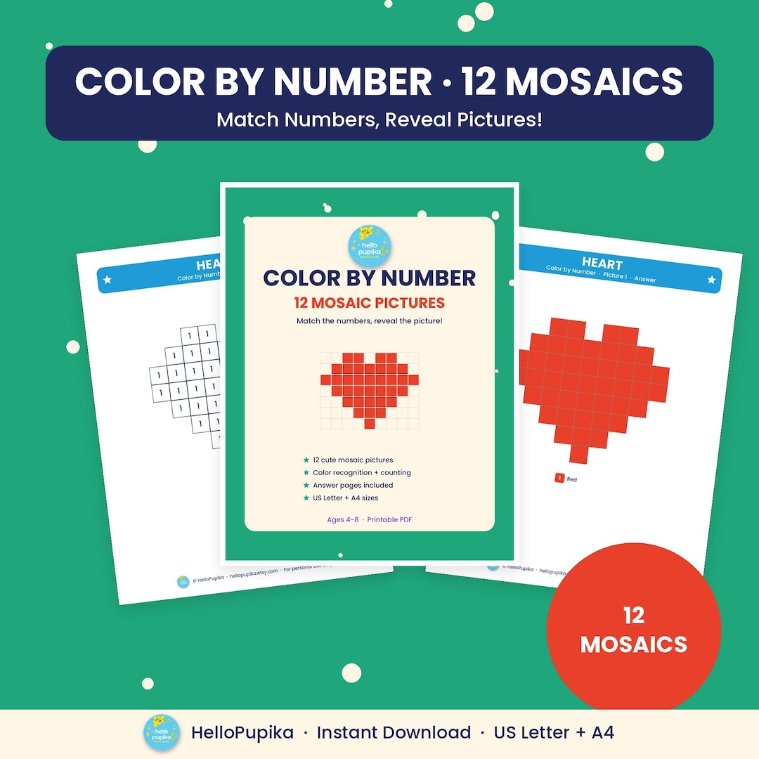Color by Number Printable for Kids, 12 Mosaic Pixel Pictures Ages 4-8 ...