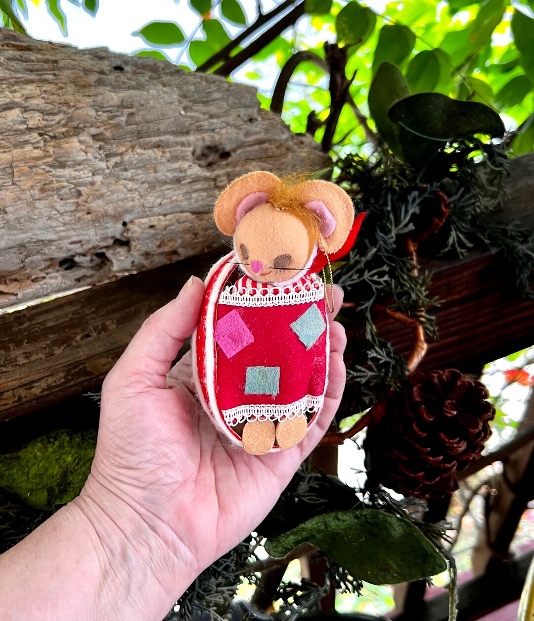 Vintage 1960 1970 Christmas Mouse Cradle Ornament Red Felt Mouse Felted ...