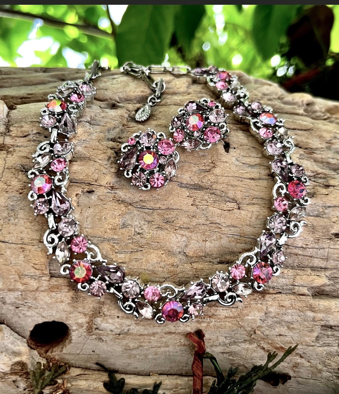 Vintage LISNER Pink Demi Parure Necklace Earrings MCM 1950 1960 Purple ...