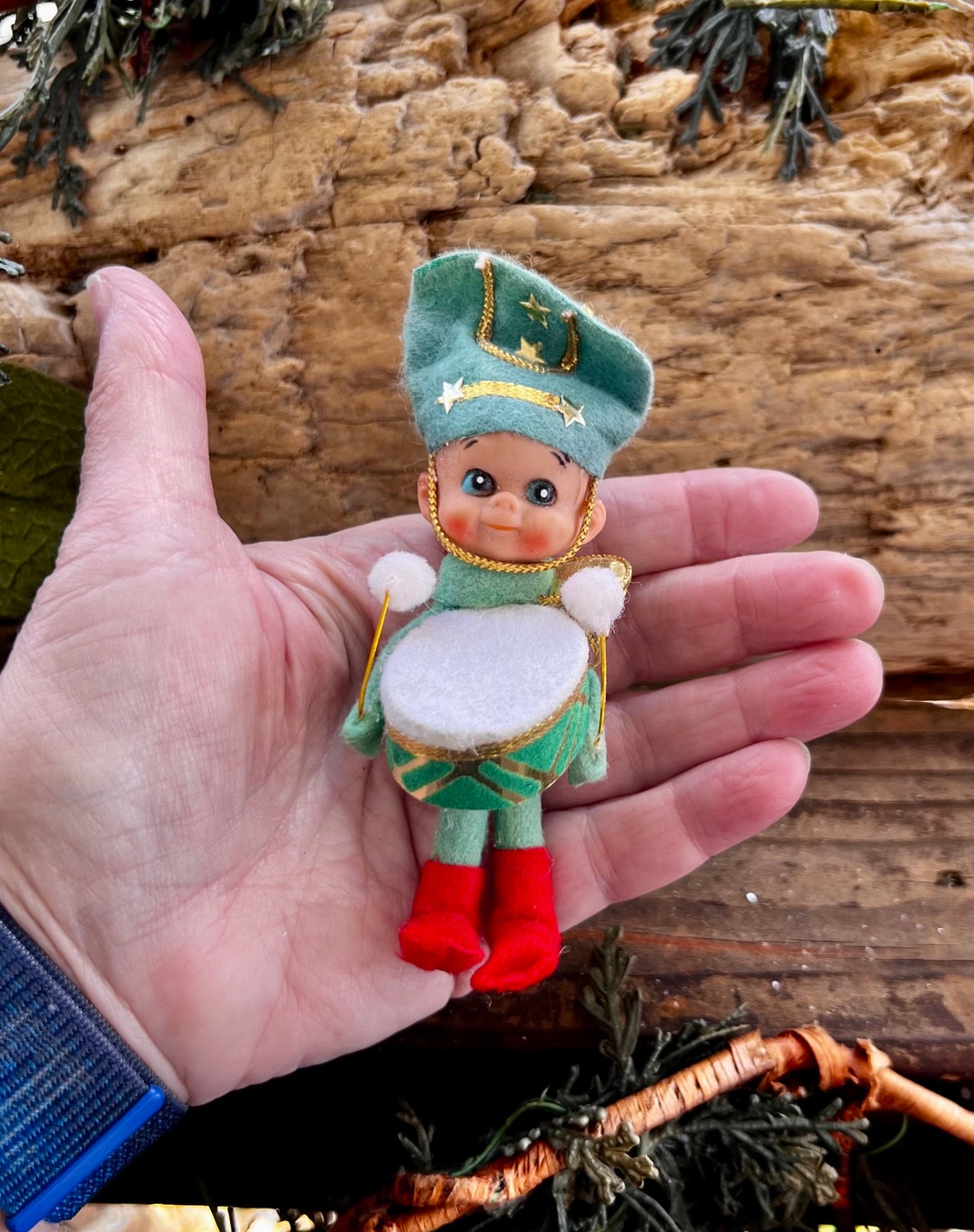 Vintage 1950 1960 Felt Elf Pixie Drummer Plastic Christmas Ornament ...