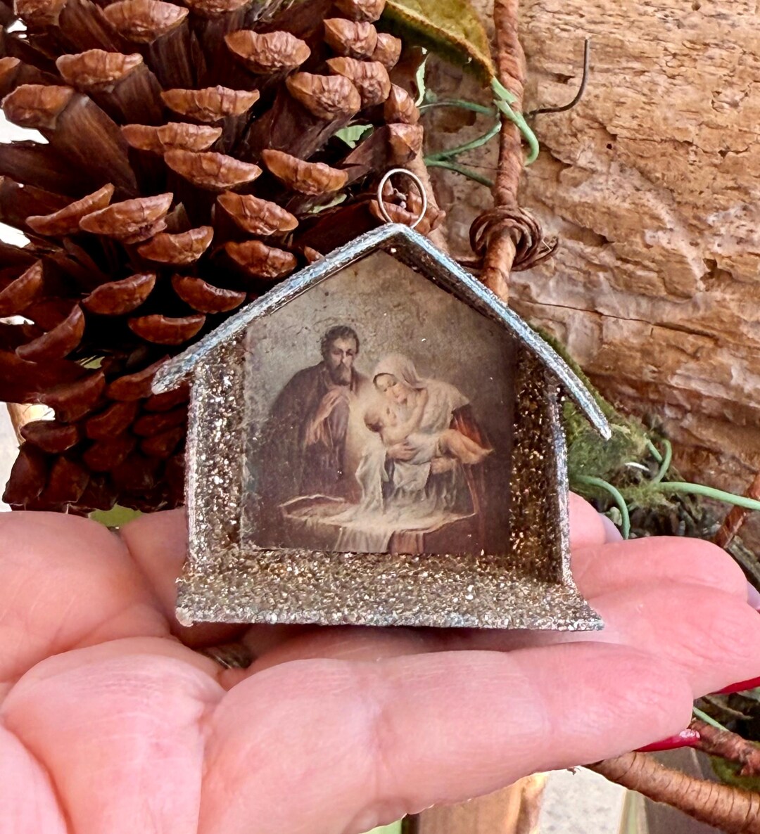 Vintage Jesus Mary Joseph Putz House Christmas Ornament 1940 1950 MCM ...