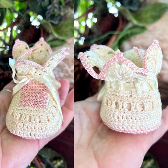 Antique Pink Crochet Baby Booties 1920 1930 Pink Crea… - Gem