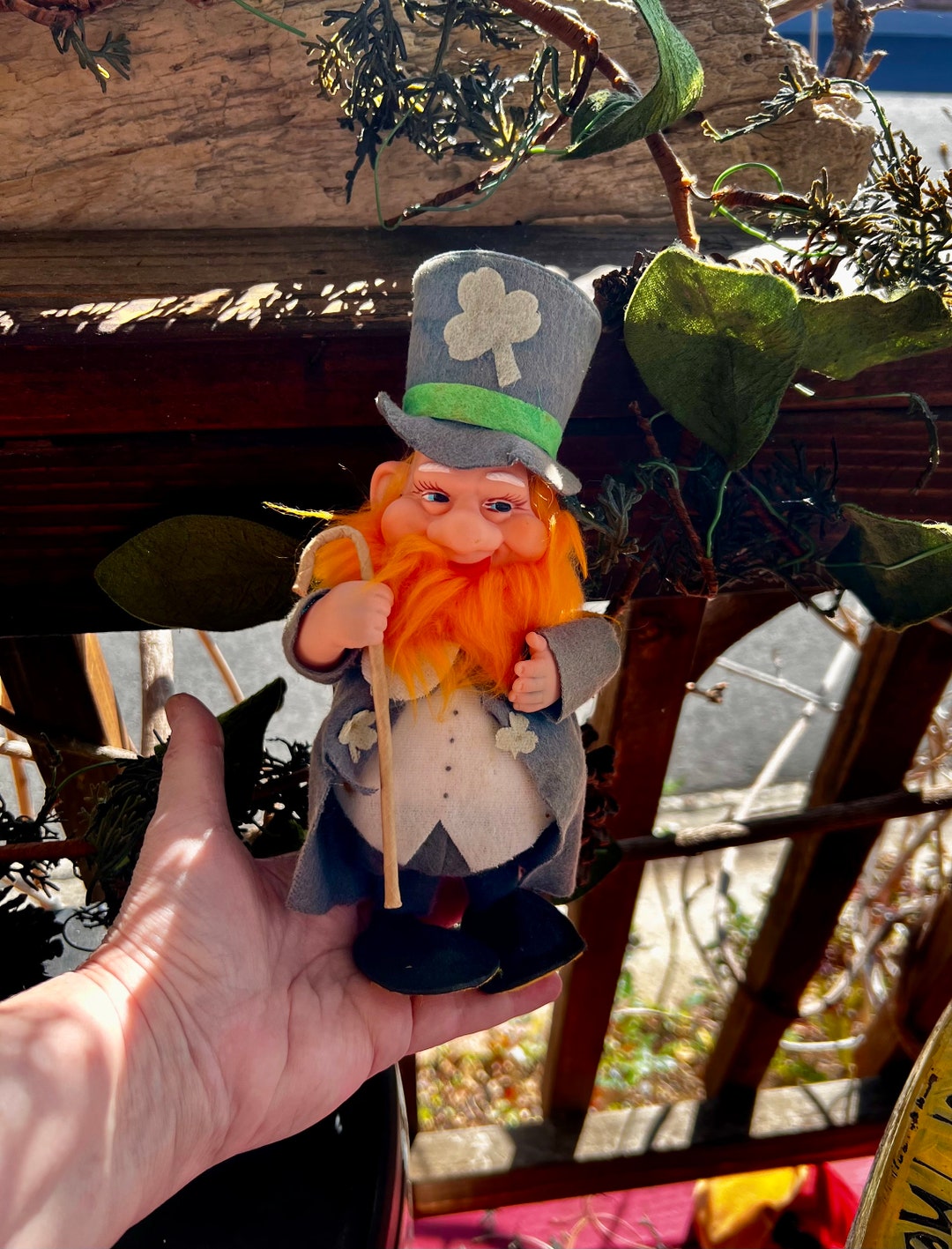 Vintage Leprechaun Elf Pixie Ornament MCM 1950 1960 Felt Shamrock Knee ...