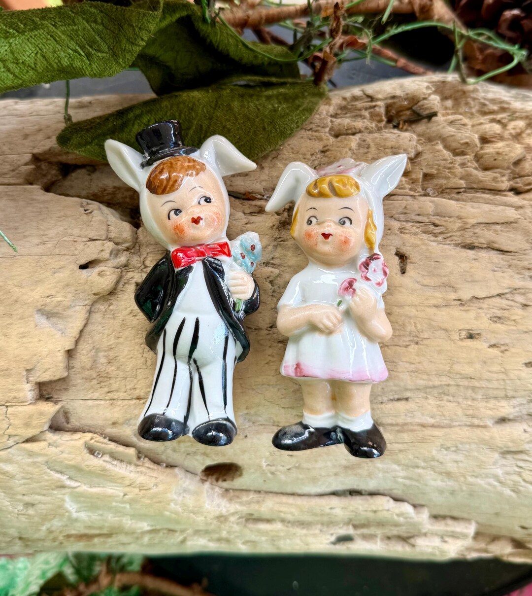 Vintage NAPCO Easter Girl Boy Bunny Figurine MCM 1950 Ceramic Tux Groom ...