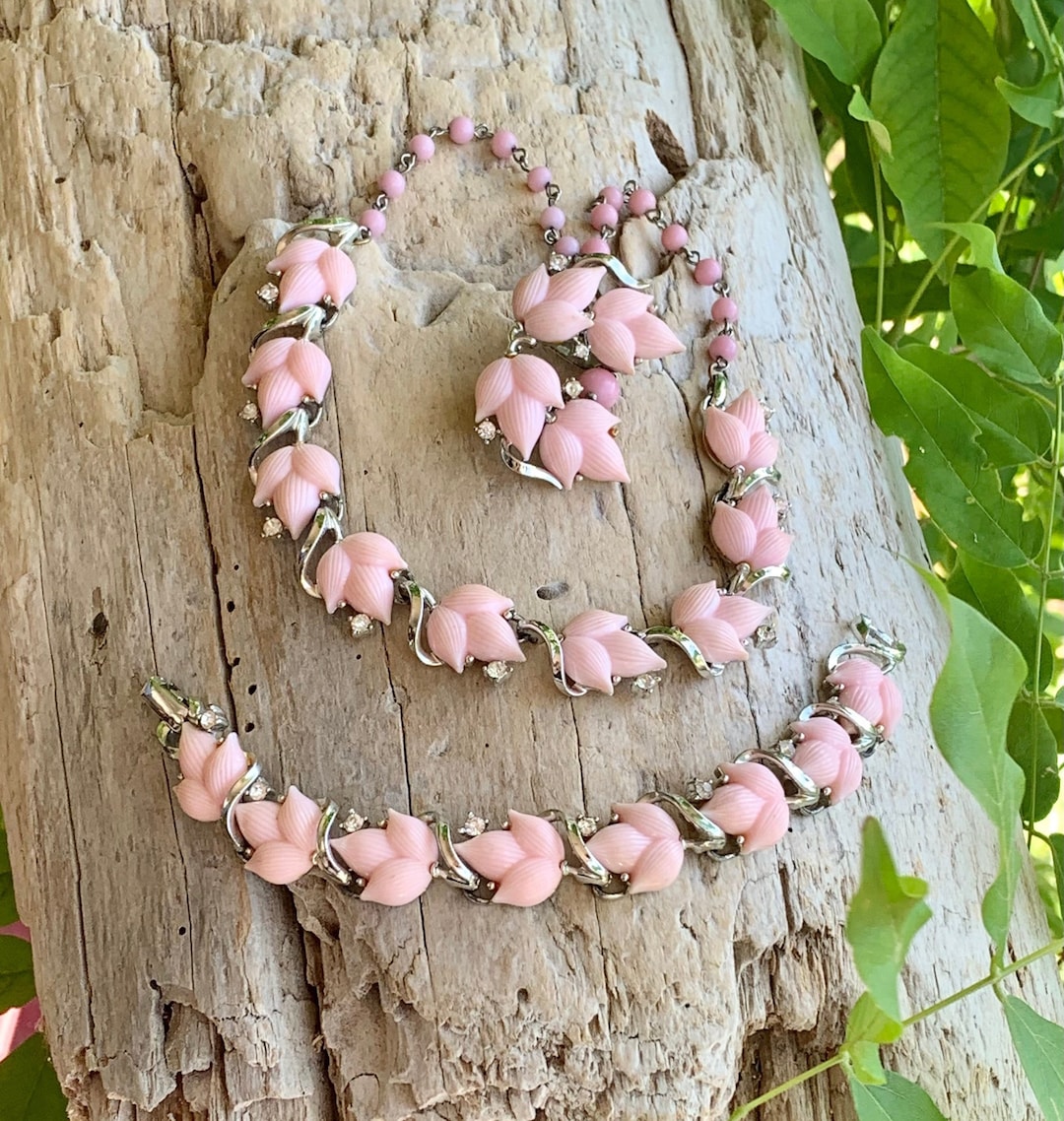 Vintage LISNER Pink Necklace Bracelet Earrings 1950 1960 Thermoset ...