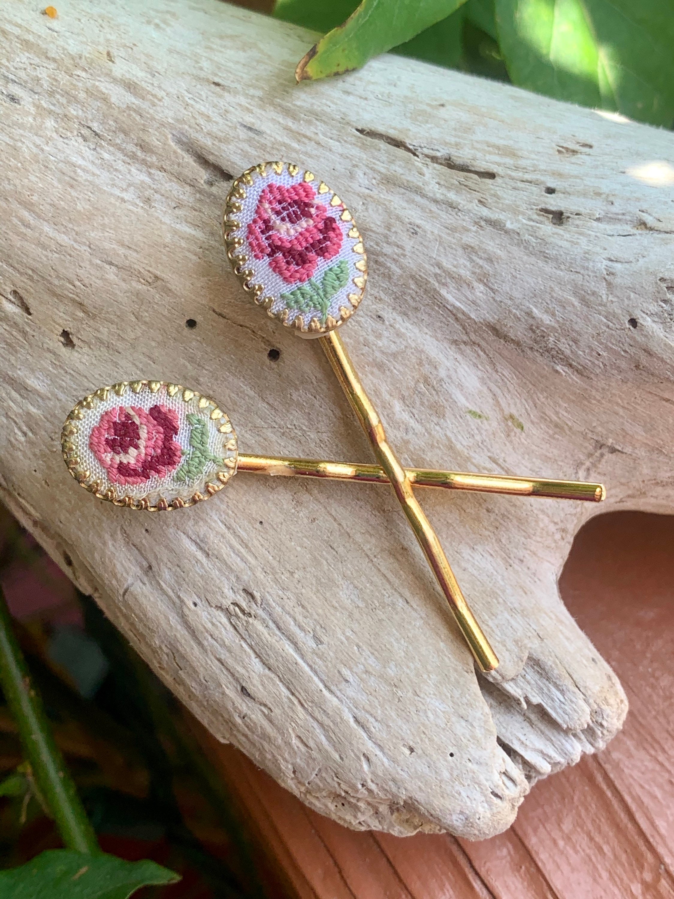 Embroidery Embroidered Pink Hairpins Hair Jewelry Floral | Etsy