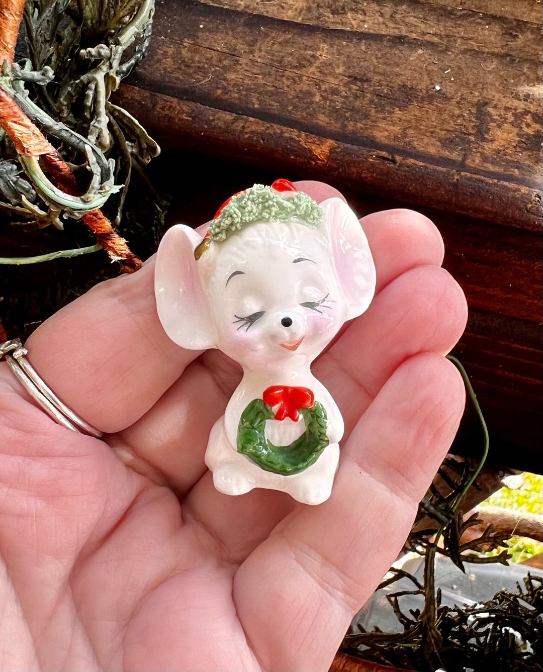 Vintage Napco Christmas Mouse Figurine 1960 1970 Ceramic Mouse Wreath ...