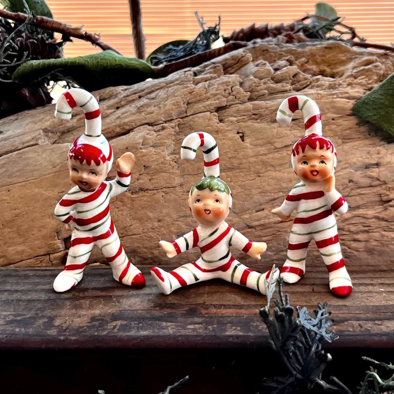Vintage LEFTON Christmas Candy Cane MCM Ceramic Candy Cane Elf Elves ...