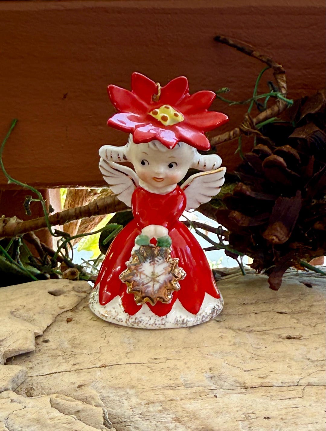 Vintage 1950 NAPCO Christmas Poinsettia Angel Bell Ornament MCM Angel ...