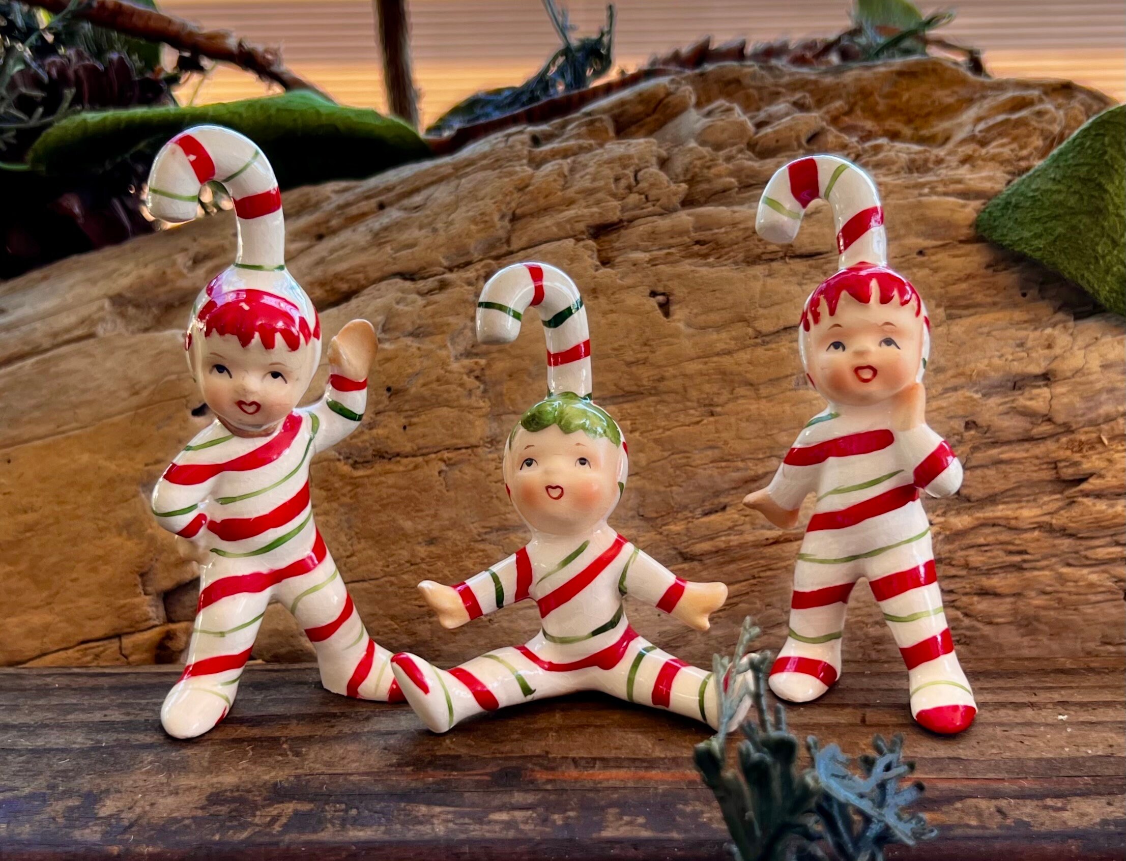 Vintage LEFTON Christmas Candy Cane MCM Ceramic Candy Cane Elf Elves ...