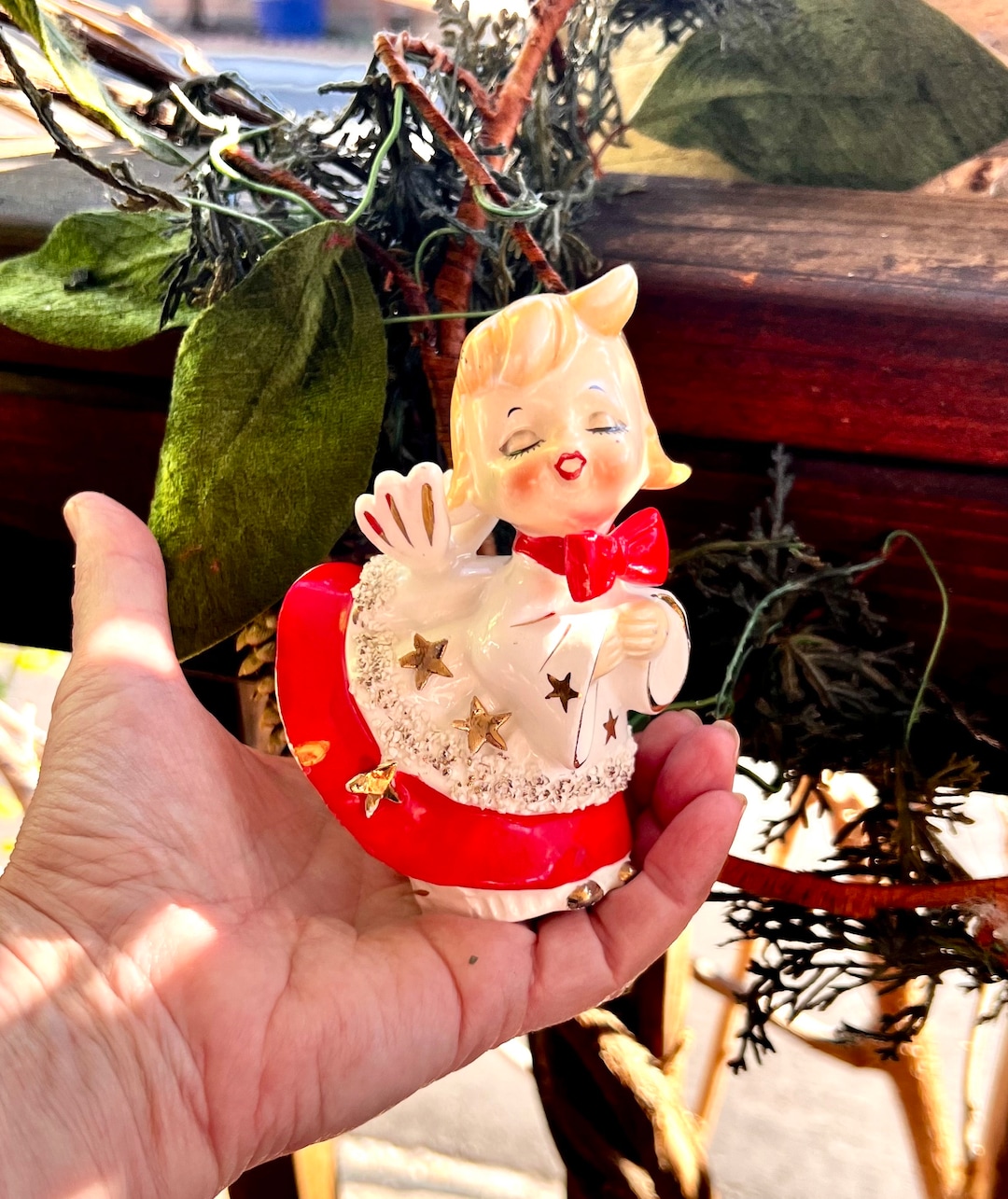 Vintage LEFTON Angel Christmas Figurine 1950 MCM Ceramic Angel Ruffle ...