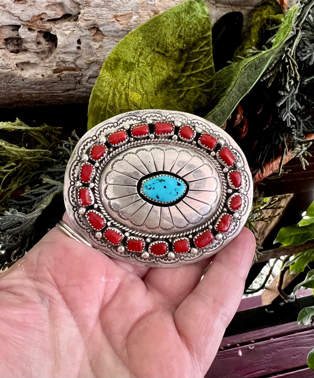 Vintage Kingman Turquoise Red Coral Belt Buckle Native American Belt ...